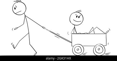 Person or Boy Pulling Another Man in Cart, Vector Cartoon Stick Figure ...