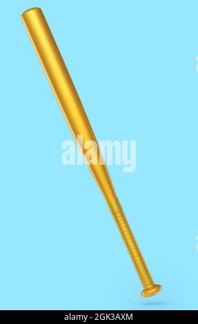 Gold professional softball or baseball bat and ball isolated on blue ...