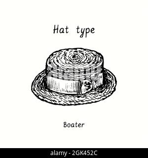 Hat type, boater. Ink black and white drawing outline illustration ...