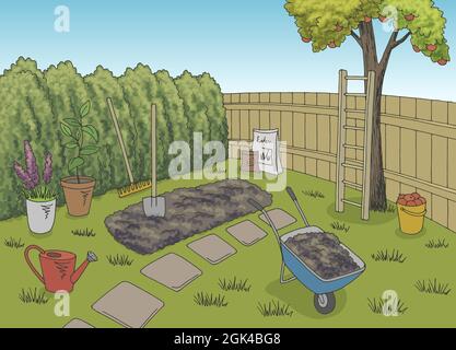 Work in garden yard graphic black white landscape sketch illustration ...