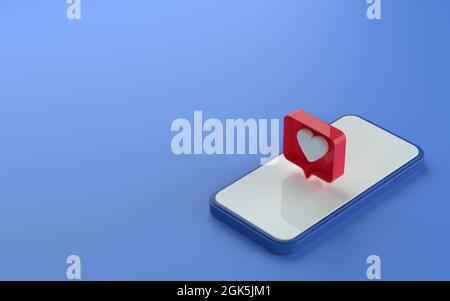 3d illustration of isometric view phone with like notification icon on ...