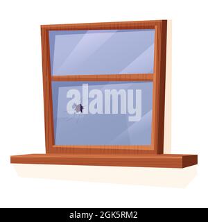 Wooden window with broken, cracked glass in cartoon style isolated on ...