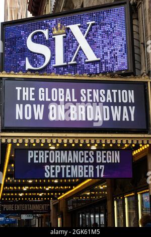"Six" Marquee at the Brooks Atkinson Theater in Times Square, NYC, USA ...