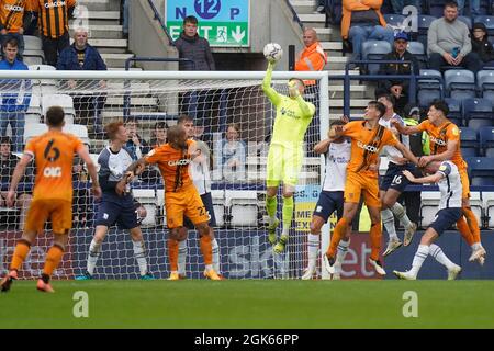 Preston North End goalkeeper Daniel Iversen makes a save during the Sky ...