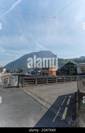 A bridge crossing towards the hills at Beppu, Oita Prefecture, Japan ...