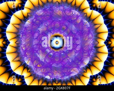 3D rendering of a purple kaleidoscopic pattern with a black circular ...