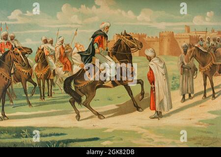 The Arab general Musa Ibn Nusayr (640-718) strikes the face of his ...