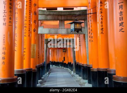 The Fushimi Inari Shinto shrine, a multitude of wooden pillars and ...