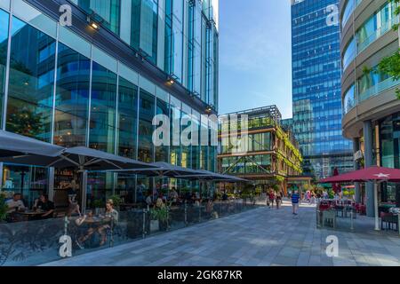 View of cafes and restaurants in the Springfields District, Manchester ...