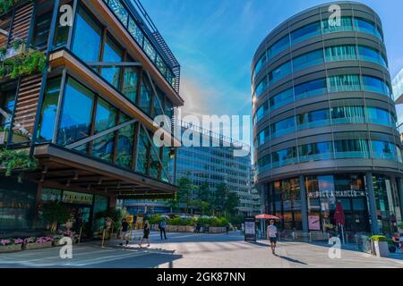 View of cafes and restaurants in the Springfields District, Manchester ...