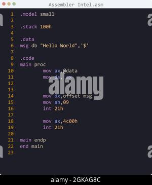 Assembler Intel language Hello World program sample in editor window ...