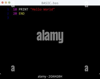 BASIC language Hello World program sample in editor window illustration ...