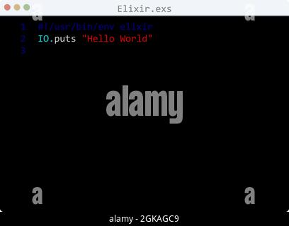Elixir language Hello World program sample in editor window ...