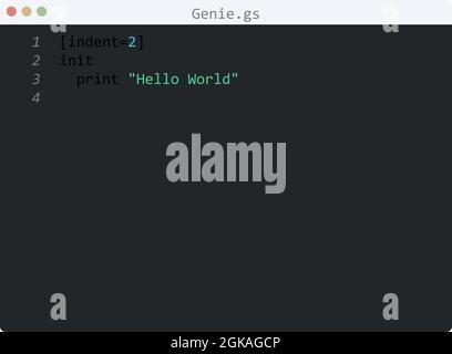 Genie language Hello World program sample in editor window illustration ...