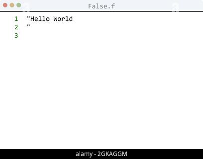 False language Hello World program sample in editor window illustration ...
