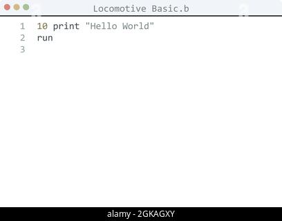 Locomotive Basic language Hello World program sample in editor window illustration Stock Vector ...