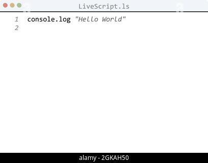 LiveScript language Hello World program sample in editor window ...