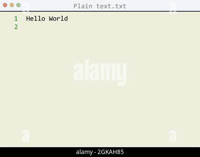 Plain text language Hello World program sample in editor window ...