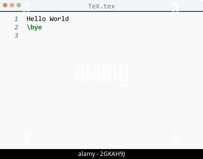 TeX language Hello World program sample in editor window illustration ...