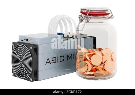 Bitcoin with glass jar full of golden coins, 3D rendering isolated on ...