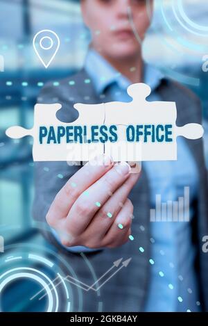 Sign displaying Paperless Office, Internet Concept work environment in ...