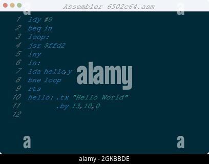 Assembler 6502c64 language Hello World program sample in editor window illustration Stock Vector ...