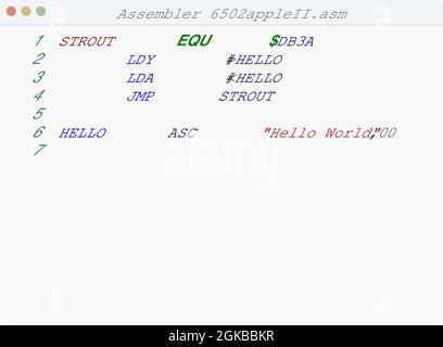 Assembler 6502appleII language Hello World program sample in editor ...