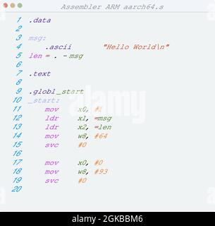 Assembler ARM language Hello World program sample in editor window ...