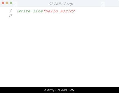 CLISP language Hello World program sample in editor window illustration ...