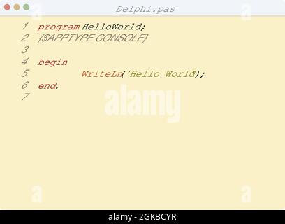 Delphi language Hello World program sample in editor window illustration Stock Vector Image ...