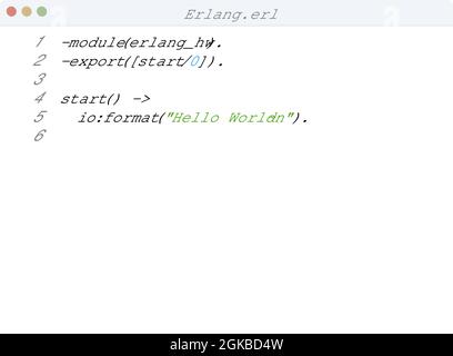 Erlang language Hello World program sample in editor window illustration Stock Vector Image ...