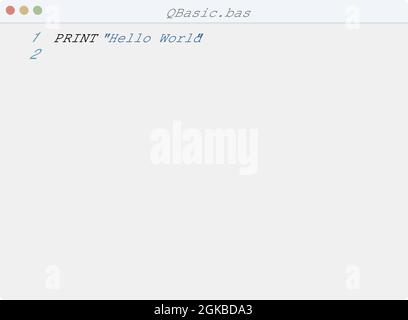 QBasic language Hello World program sample in editor window ...