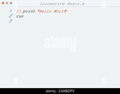 Locomotive Basic language Hello World program sample in editor window illustration Stock Vector ...