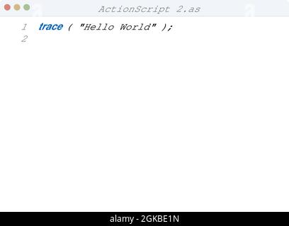 ActionScript 2 language Hello World program sample in editor window illustration Stock Vector ...