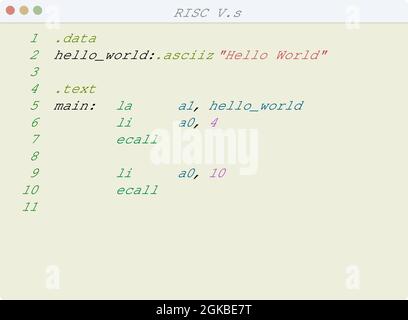 RISC V language Hello World program sample in editor window illustration Stock Vector Image ...
