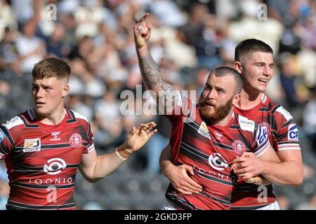 Jake Bibby 2 #of Wigan Warriors celebrates his try Stock Photo - Alamy