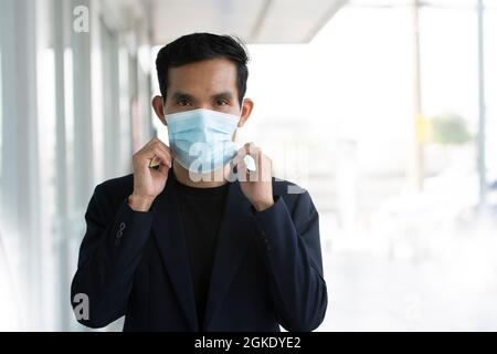 Businessman wear face mask protect covid19 coronavirus work by computer ...