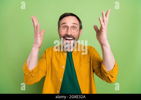 Photo of excited sweet orange hair lady wear red blazer typing modern ...
