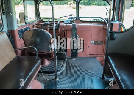 Drivers seat of a vintage American bus Stock Photo - Alamy