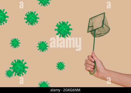 Abstract concept of Fighting with Coronavirus. Human hand catching ...