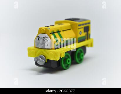 Die cast model of Thomas the Tank Engine set against a white background ...