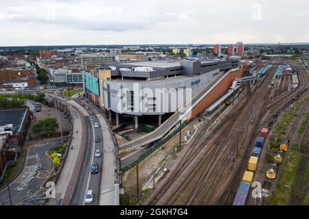An aerial panoramic view of Doncaster city centre in a cityscape ...
