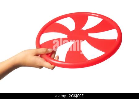 Woman holding frisbee disk on white background Stock Photo - Alamy