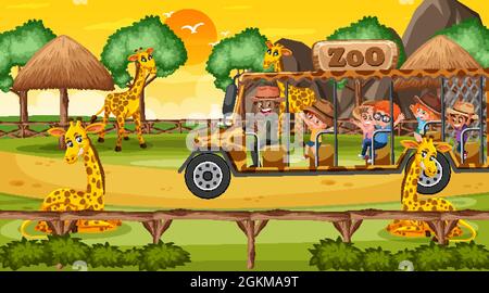 Safari at sunset time scene with children watching leopard group ...