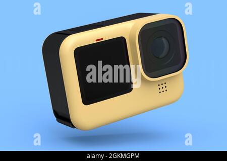 Photo and video lightweight yellow action camera with monopod on blue ...