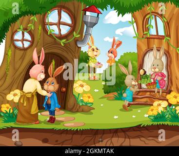 Garden scene with rabbit family cartoon character illustration Stock ...