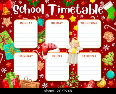 Children school timetable template with Christmas gifts. Kids lessons ...