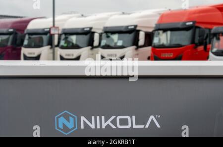 Ulm, Germany. 15th Sep, 2021. Mark Russel, CEO Nikola, stands next to a ...