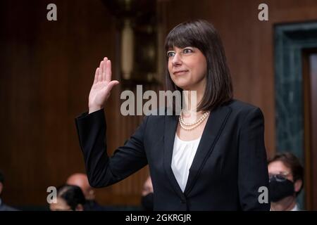 Elizabeth Prelogar is sworn-in as she appears before a Senate Committee ...