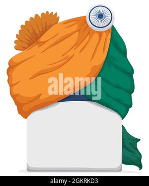 Traditional turban with Indian flag colors and white sign with blue ...